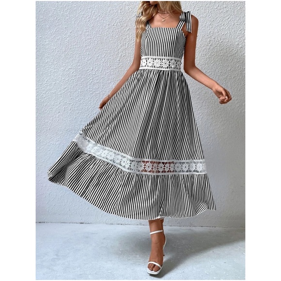 Dresses | Boho Stripes Floral Lace Inserts Tie Maxi Dress | Poshmark